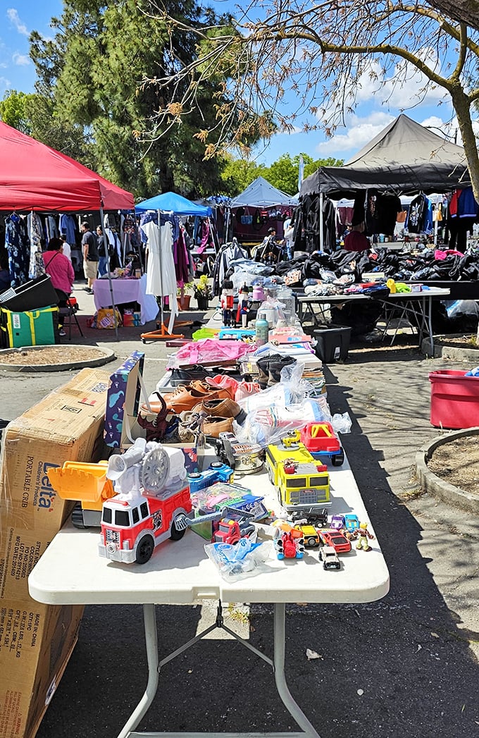 Lively tables at Stockton Flea Market overflow with toys, clothes, and bargains, making every visit a fun shopping adventure.