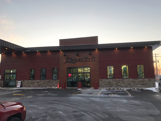 Evening light bathes this modern thrift palace where shopping feels more like a curated retail experience.