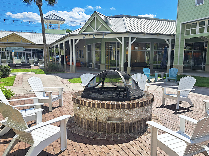 Fire pit seating areas transform ordinary shopping breaks into cozy moments that feel almost magical.