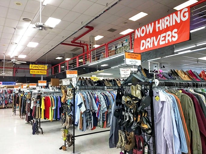 Inside Texas Thrift, endless racks await the patient hunter. Like a safari where the trophies are vintage band t-shirts!