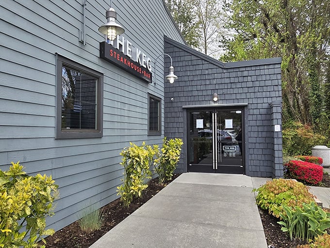 Modern landscaping meets classic steakhouse vibes - proving good beef doesn't need flashy facades, just flavor.