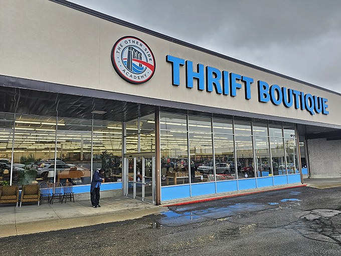 The blue accents and busy parking lot tell the story of a beloved community gem.