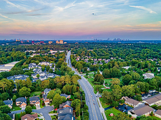 Aerial view of Thomaston highlights its peaceful neighborhoods and welcoming small-town charm, all within easy reach of the city.