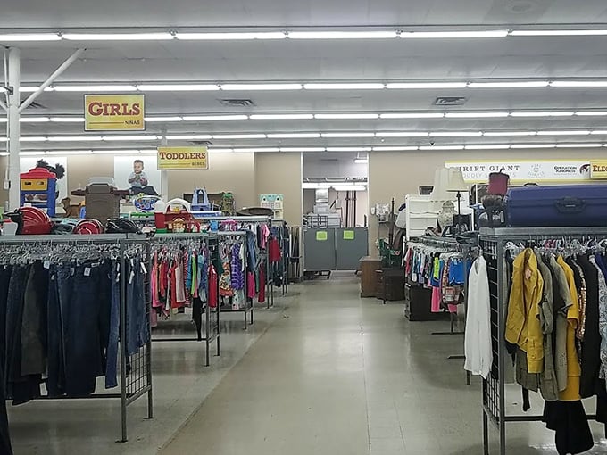 Rows upon rows of potential treasures line the aisles, each rack a new adventure in secondhand discovery.