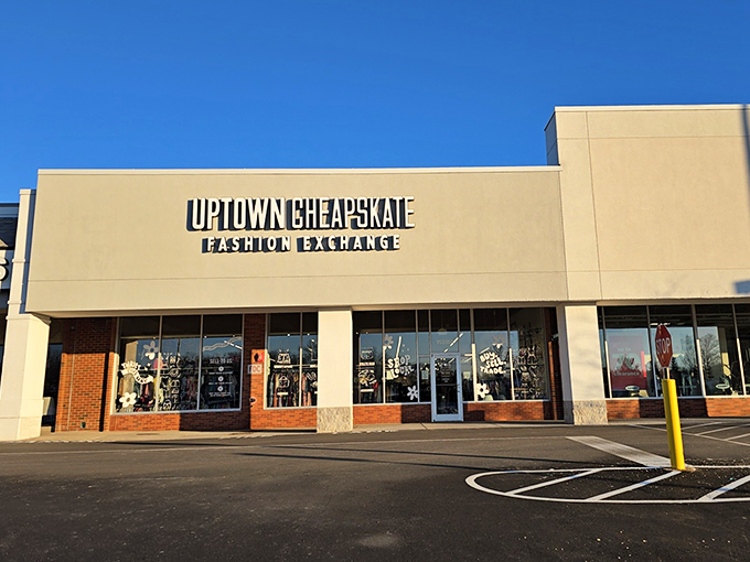 Morning sunshine highlights this fashion-forward thrift destination. The sleek storefront promises curated finds rather than endless digging.