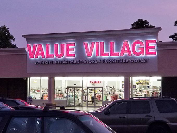 Those glowing letters at dusk promise evening adventures for bargain hunters who work the nine-to-five grind during daylight hours.