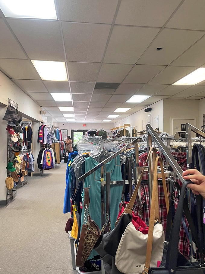 Inside West Main Thrift, organized racks and bright lighting make finding your next favorite piece a pure joy.