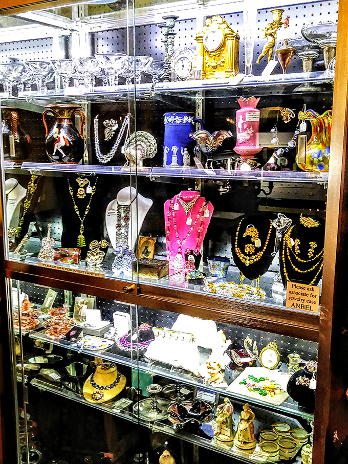 Not just jewelry &ndash; personal history in glass cases. Each necklace and figurine represents someone's special occasion, now waiting for its sequel.