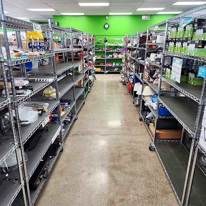 Aisle after aisle of organized possibility. Metal shelving creates canyons of kitchenware where yesterday's impulse purchases await their second chance at usefulness.
