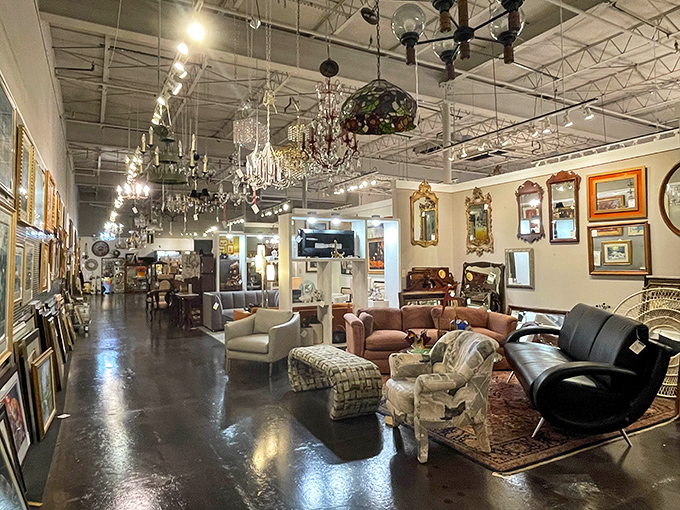 Mahogany dining sets fit for royalty line this aisle. Those carved chairs have probably hosted more interesting dinner conversations than most of us have had all year.