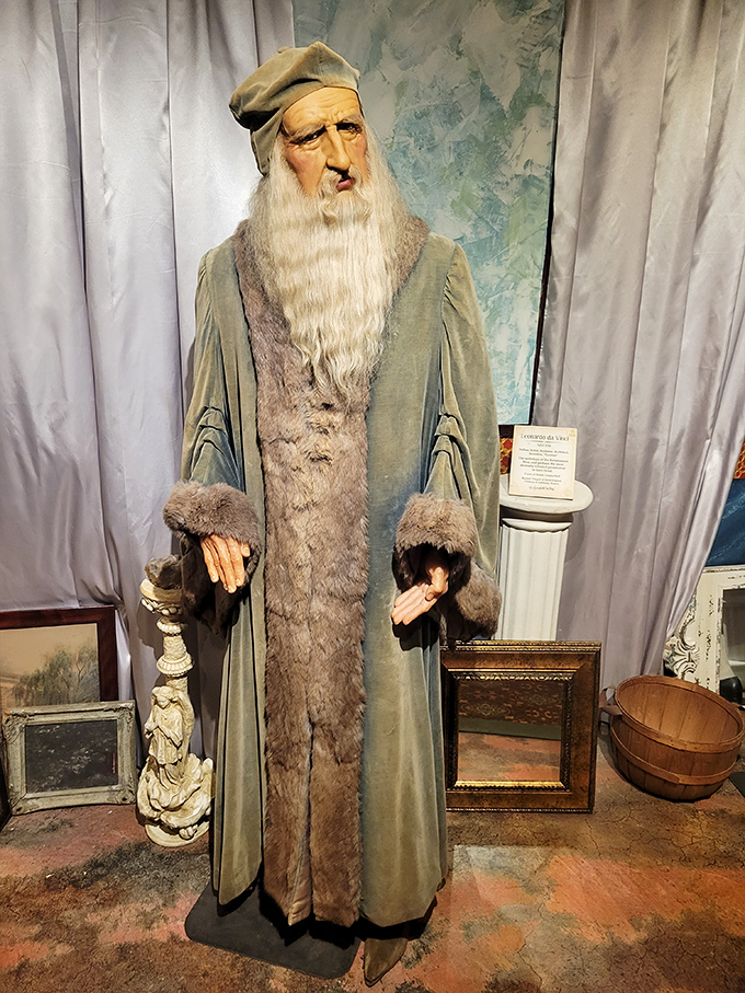 Leonardo da Vinci gazes thoughtfully into the distance, his magnificent beard suggesting he invented everything except a good conditioner.