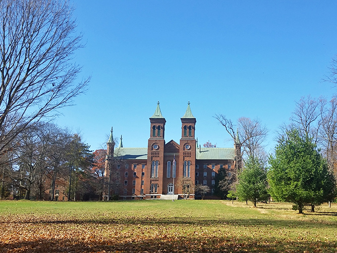 Antioch College's stately main building stands as a testament to education and progressive thinking, its twin towers reaching skyward like academic aspirations.