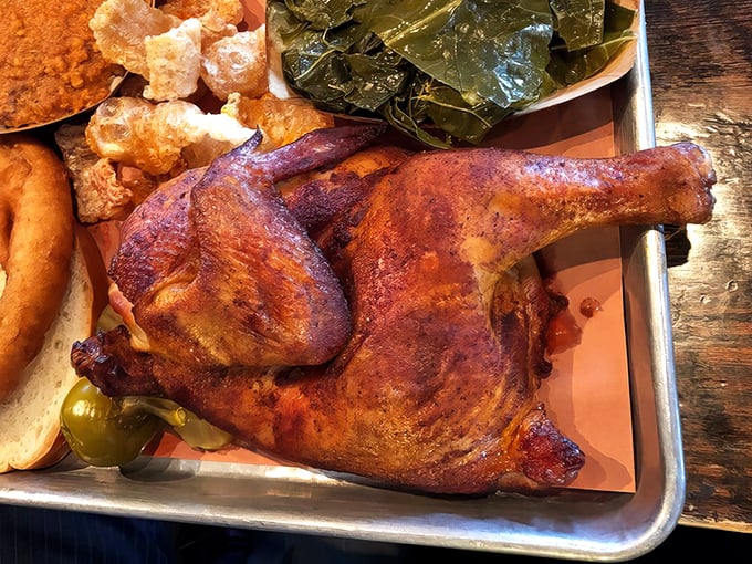 Half chicken, fully magnificent. This smoke-kissed bird with its burnished skin might just make you reconsider your lifelong allegiance to pulled pork.