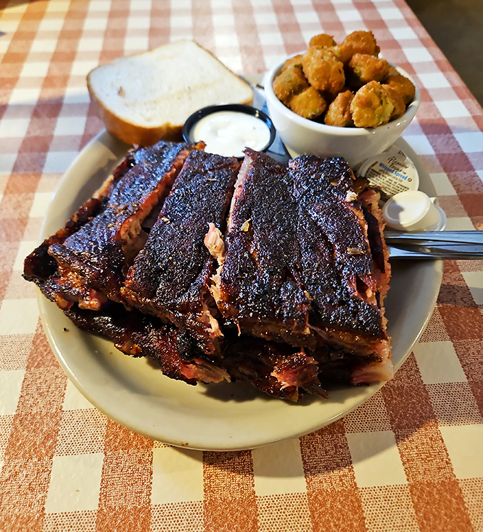 These ribs arrive looking like they've been bronzed for posterity, and taste even better.