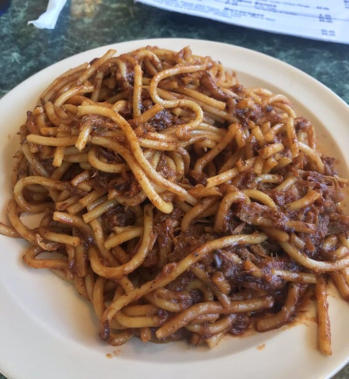 Behold the legendary BBQ spaghetti! Pasta meets pit smoke in a marriage so perfect it should have its own reality show.