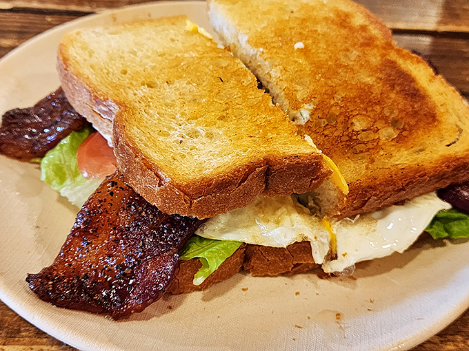 Behold the star of the show! This BLT isn't just a sandwich; it's a masterpiece of crispy, smoky bacon and golden toast that would make a vegetarian weep with temptation.