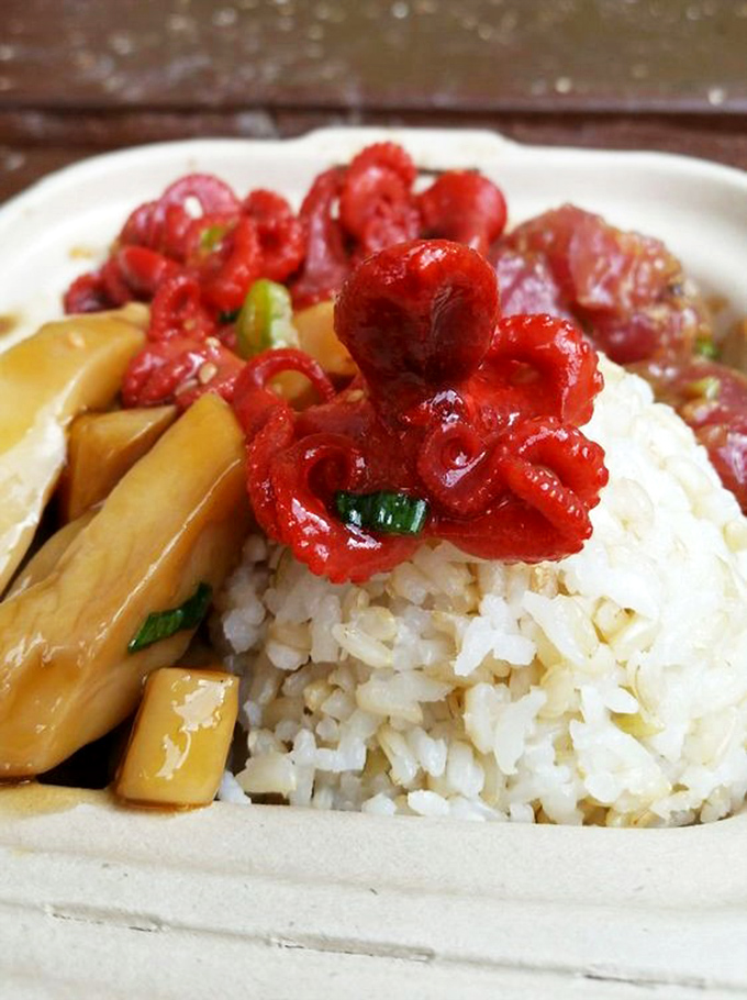Tender baby octopus glazed in rich sauce nestles against white rice&mdash;nature's perfect color contrast and Hawaii's perfect flavor combination.
