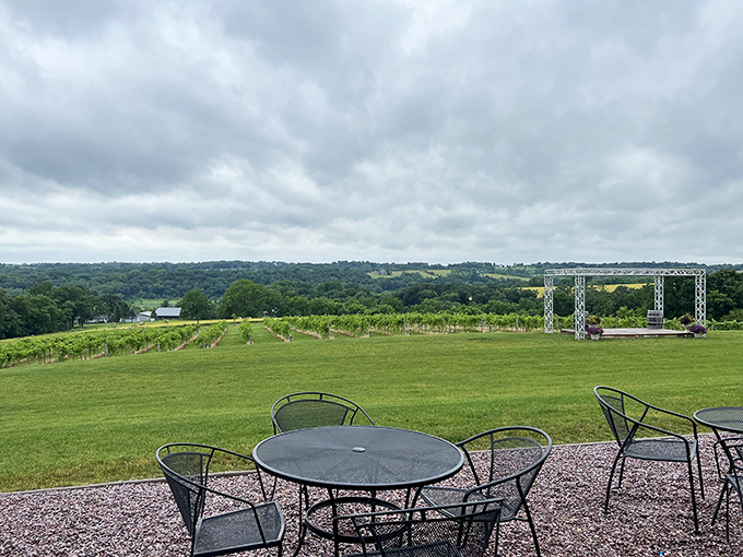 The rolling hills surrounding New Glarus provide the perfect backdrop for vineyard seating. Wine with a view &ndash; what else could you possibly need?