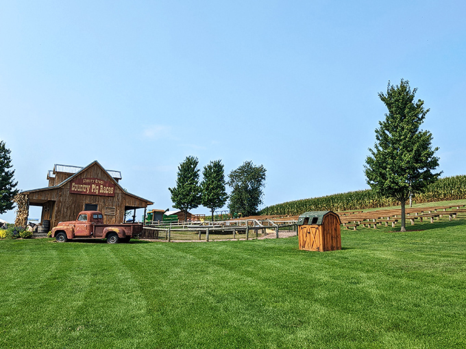 Sun-drenched fields surround the Country Pig Races barn. That vintage truck hasn't moved in years, but it's traveled straight into everyone's Instagram feed.