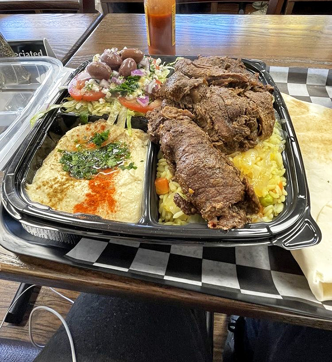 Behold the beef shawarma platter &ndash; enough tender, spiced meat to make a vegetarian question their life choices.