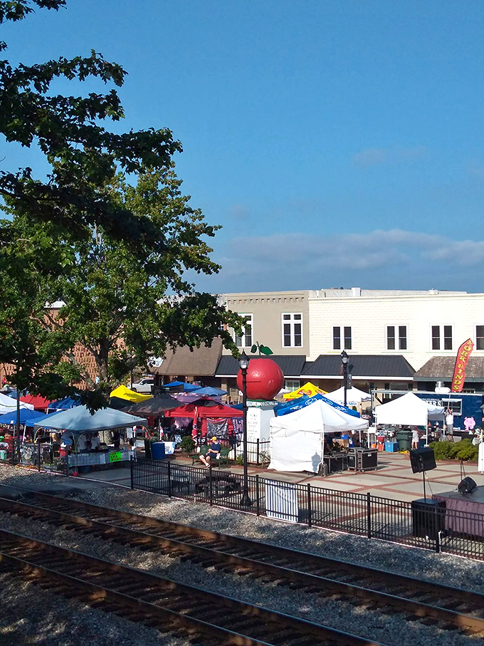 Festival season transforms downtown Cornelia into a celebration of all things apple, with tents and vendors creating a carnival atmosphere. 