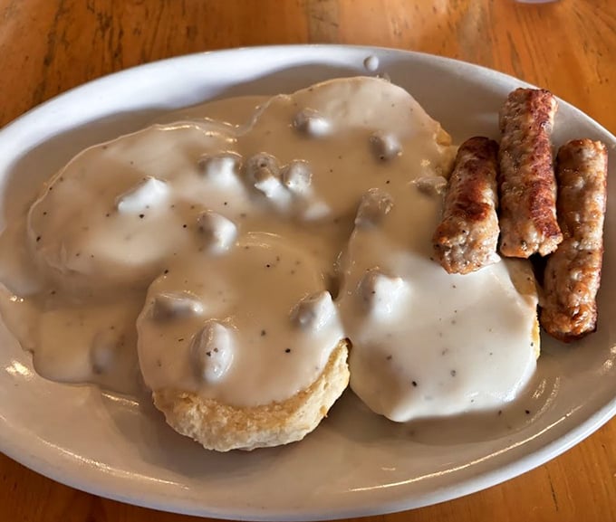 Biscuits and gravy that would make your grandmother both jealous and proud &ndash; a peppery blanket of comfort atop pillowy homemade biscuits.