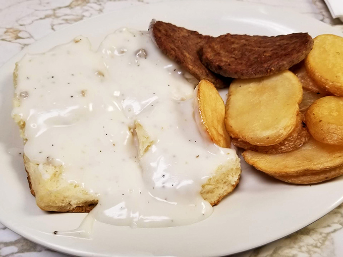 Biscuits and gravy &ndash; the breakfast of champions and hangover sufferers alike. This plate could make a vegetarian question their life choices.