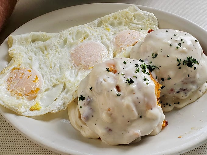 Behold the crown jewel&mdash;biscuits smothered in creamy sausage gravy alongside sunny-side-up eggs. Breakfast nirvana that's worth crossing county lines for.