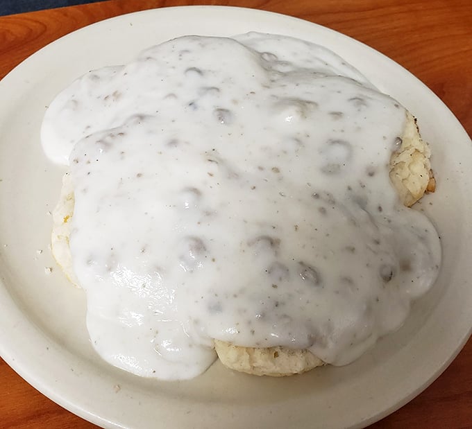 Biscuits and gravy so good they should require a permission slip. That peppery white blanket of comfort could cure whatever ails you.
