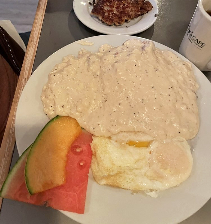 Behold: biscuits and gravy that could make a grown Montanan weep. That pepper-flecked gravy blanket is the security blanket your breakfast deserves.