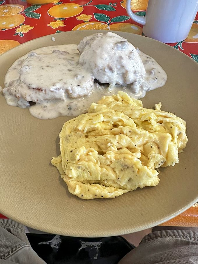 Biscuits drowning in peppery sausage gravy alongside perfectly scrambled eggs &ndash; the breakfast trinity that's worth setting an alarm for.