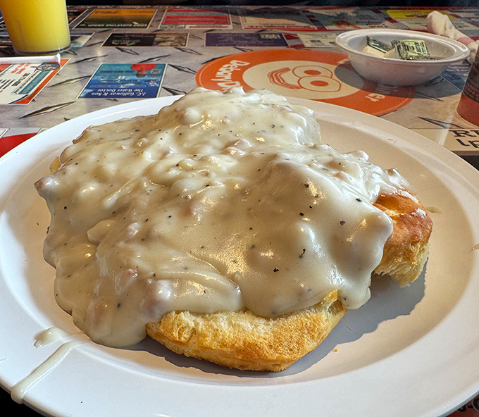 Behold the star of the show: biscuits and gravy that would make your grandmother both proud and jealous. Comfort food that hugs you from the inside.