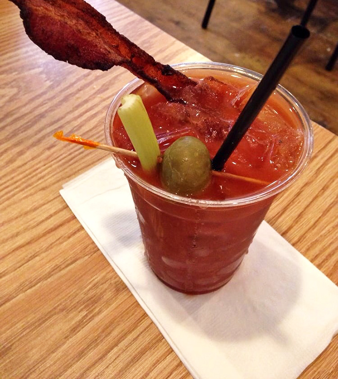 Not just a Bloody Mary, but a work of art with a bacon exclamation point. The perfect morning "vegetable serving" with attitude.