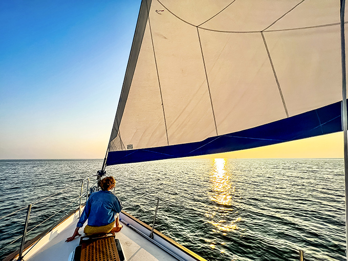 Sailing into the sunset on the Chesapeake Bay. There's something almost spiritual about watching the day end from the bow of a boat here.
