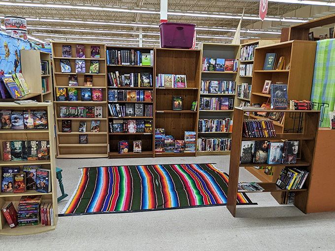Books and vinyl records share shelf space here, offering entertainment options that never needed software updates or Wi-Fi passwords.