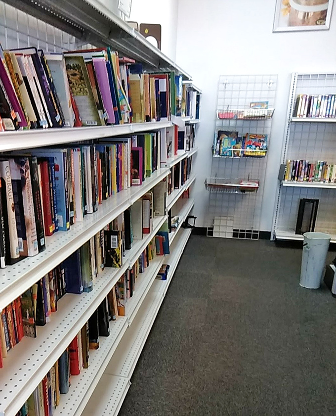 A bibliophile's dream come true&mdash;rows of literary adventures stacked neatly, each book a doorway to another world for just a couple of dollars.