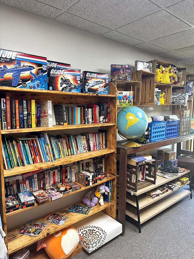 A bibliophile's paradise with G.I. Joe action figures standing sentinel above shelves of adventures waiting to be rediscovered.