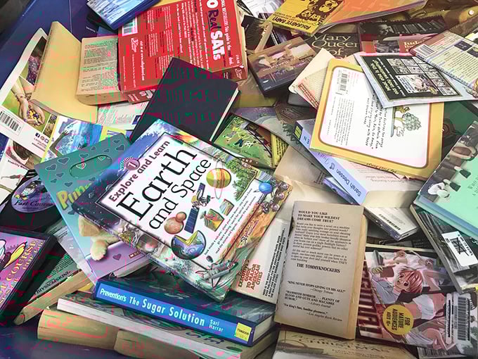 Mountains of books waiting for new homes, like a library that forgot about late fees.