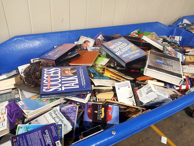 Literary treasures await the patient browser. From bestsellers to obscure titles, these book bins are like analog Netflix—endless content for pennies.