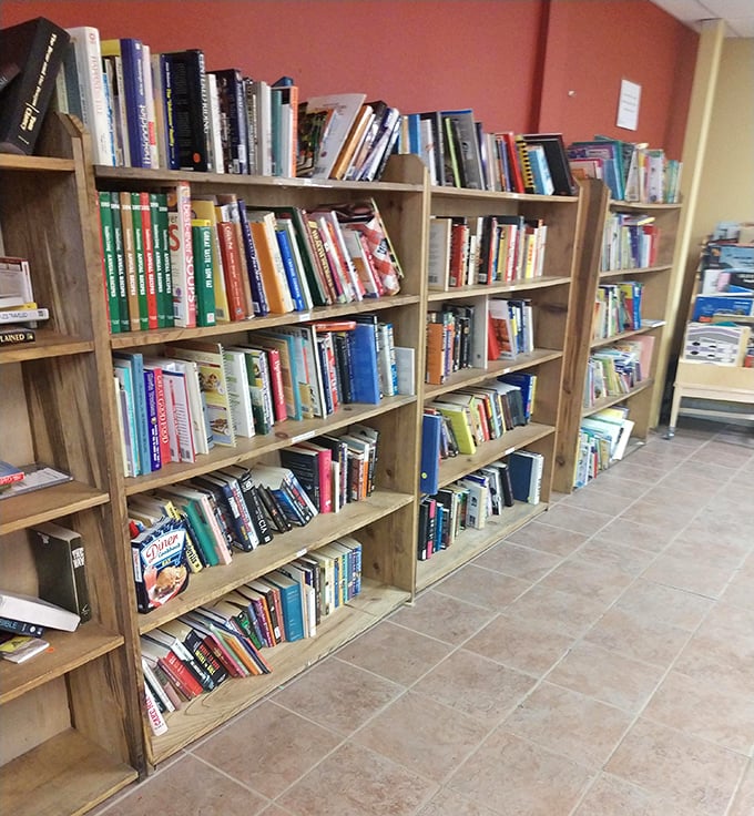 The bibliophile's paradise - wooden shelves groaning with stories waiting to be rediscovered and given second lives.