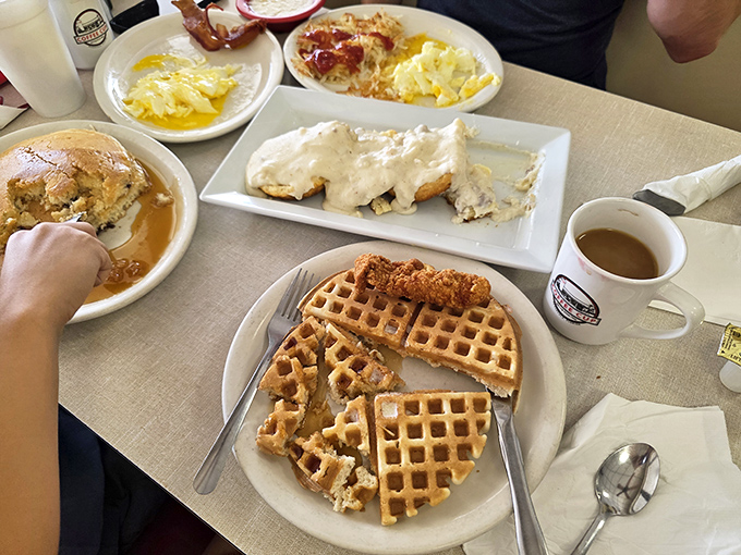 Breakfast nirvana on full display &ndash; golden waffles, biscuits smothered in gravy, and eggs that remind you why breakfast deserves its legendary status.