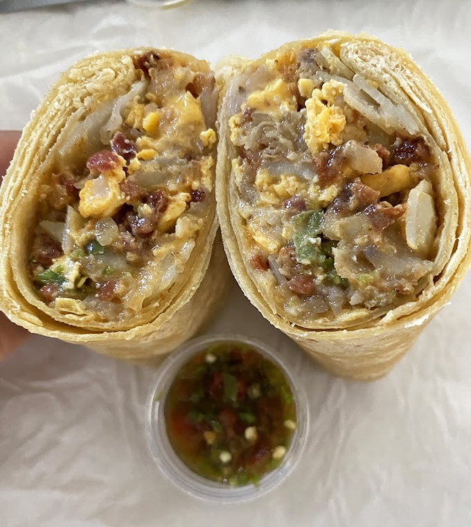 Behold the legend itself&mdash;a perfectly constructed breakfast burrito with that ideal egg-to-potato ratio and a side of that life-changing salsa.