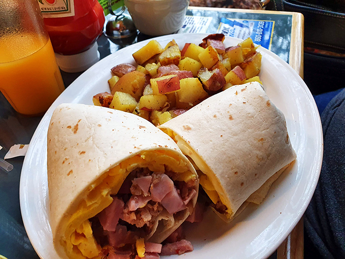 The legendary breakfast burrito in all its glory&mdash;a perfect marriage of fluffy eggs, savory ham, and melted cheese wrapped in a griddled tortilla. Breakfast nirvana achieved!