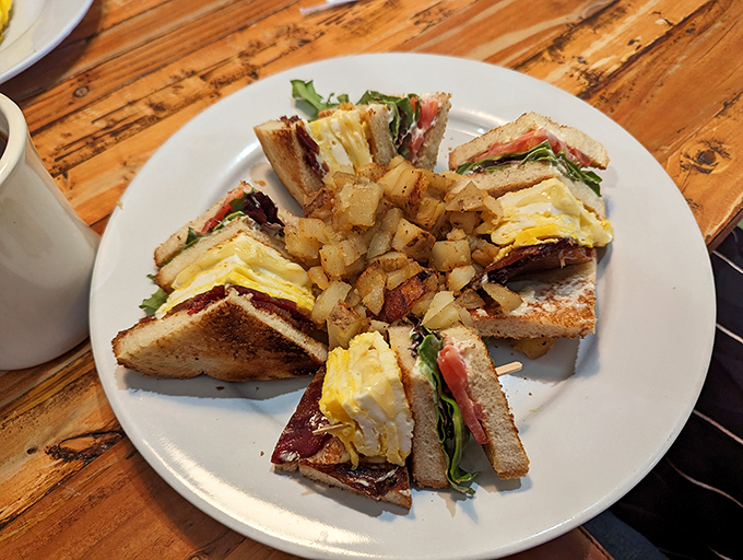 Behold the legendary Breakfast Club sandwich&mdash;architectural perfection with layers of egg, bacon, and veggies arranged like edible modern art.