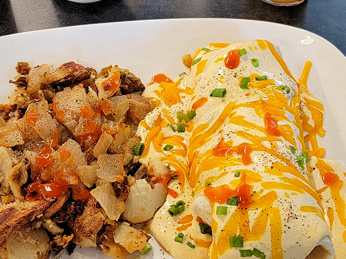 Behold the breakfast burrito's sophisticated cousin&mdash;draped in melted cheese and adorned with green onions, it's the morning equivalent of wearing a tuxedo to bed.