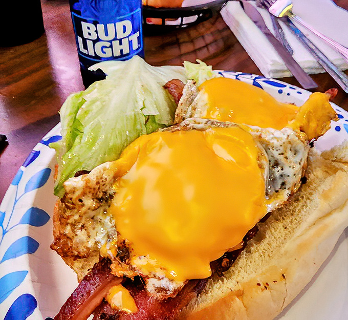 Behold the breakfast hoagie in all its glory – where melty cheese cascades over eggs and meat like a yellow waterfall of joy.