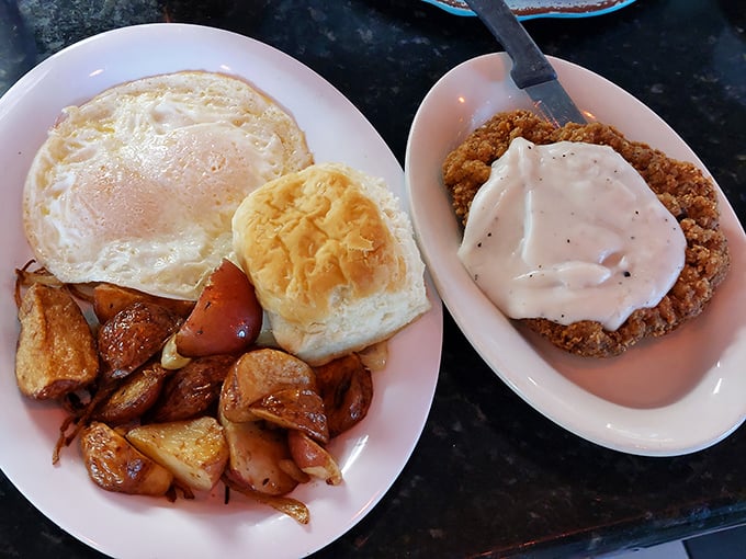 Sunny-side up eggs, golden potatoes, and country-fried steak with gravy&mdash;the breakfast equivalent of a warm hug from grandma.
