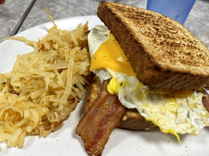 Behold: the breakfast sandwich in its natural habitat, flanked by golden hash browns. This isn't just breakfast&mdash;it's edible architecture.