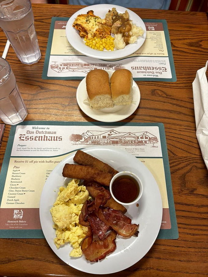 Breakfast perfection doesn't exi— wait, it does! Crispy bacon, fluffy eggs, and sausage links that would make even the most dedicated dieter temporarily abandon their resolve.