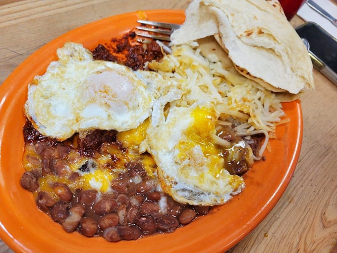 Breakfast plates here don't mess around&mdash;eggs, beans, chile, and tortillas form the perfect morning symphony together.